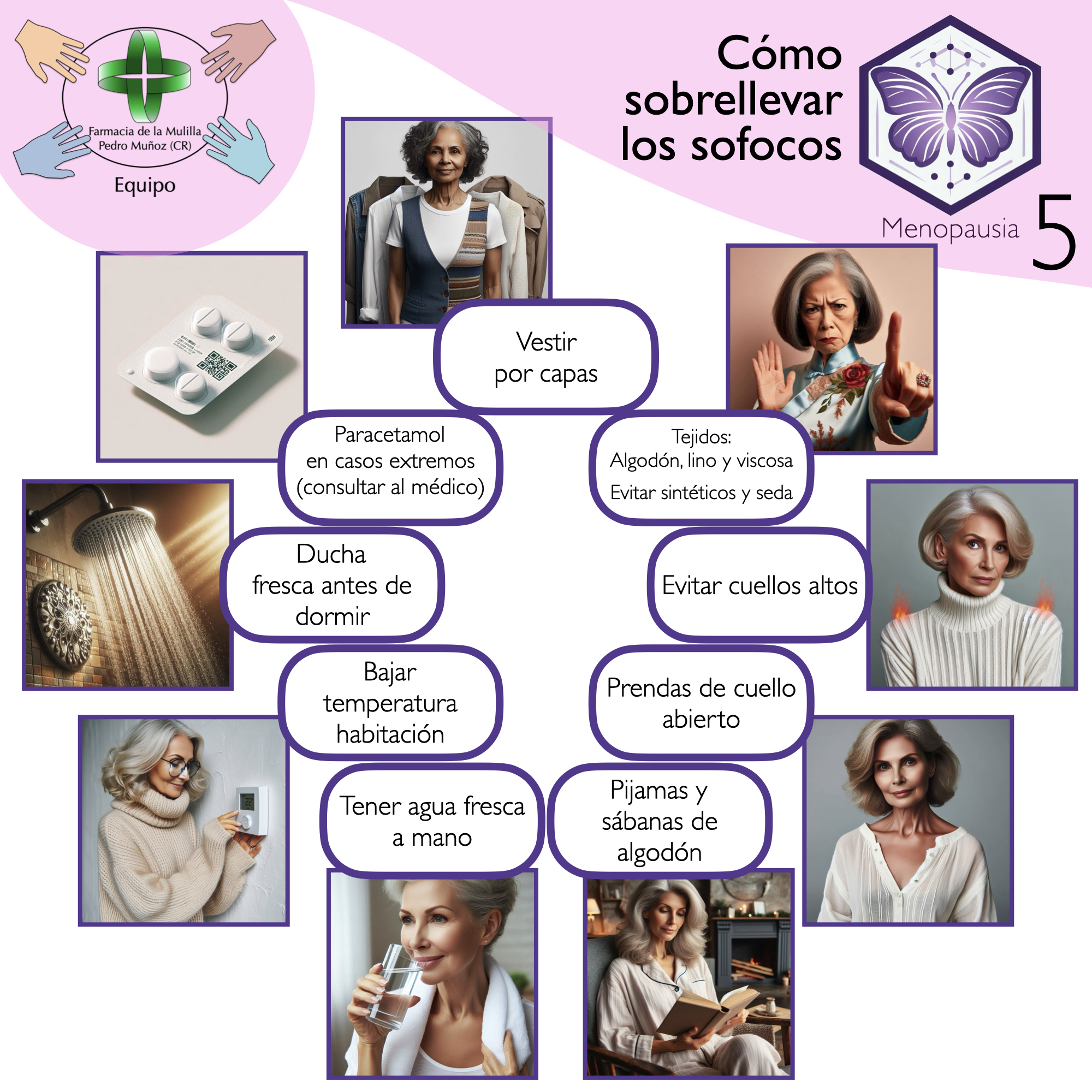 Infografía MENOPAUSIA 5 – Cómo sobrellevar los sofocos – Farmacia de la Mulilla